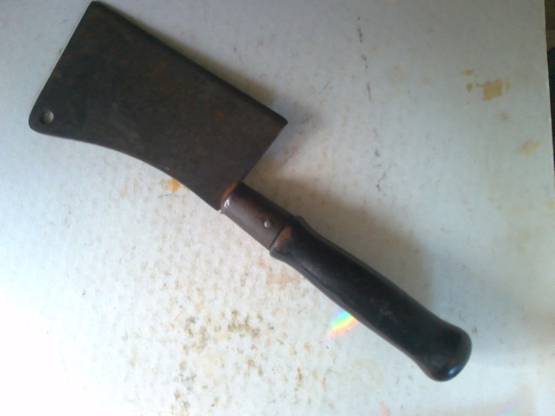 Antique Wood Handled Steel Cleaver - Unusual Curved Form W Turned Wood ...