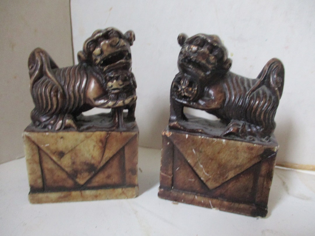 Foo Dogs or Shi Shi Lions Figurine - Carved Stone 4" High - Male and ...