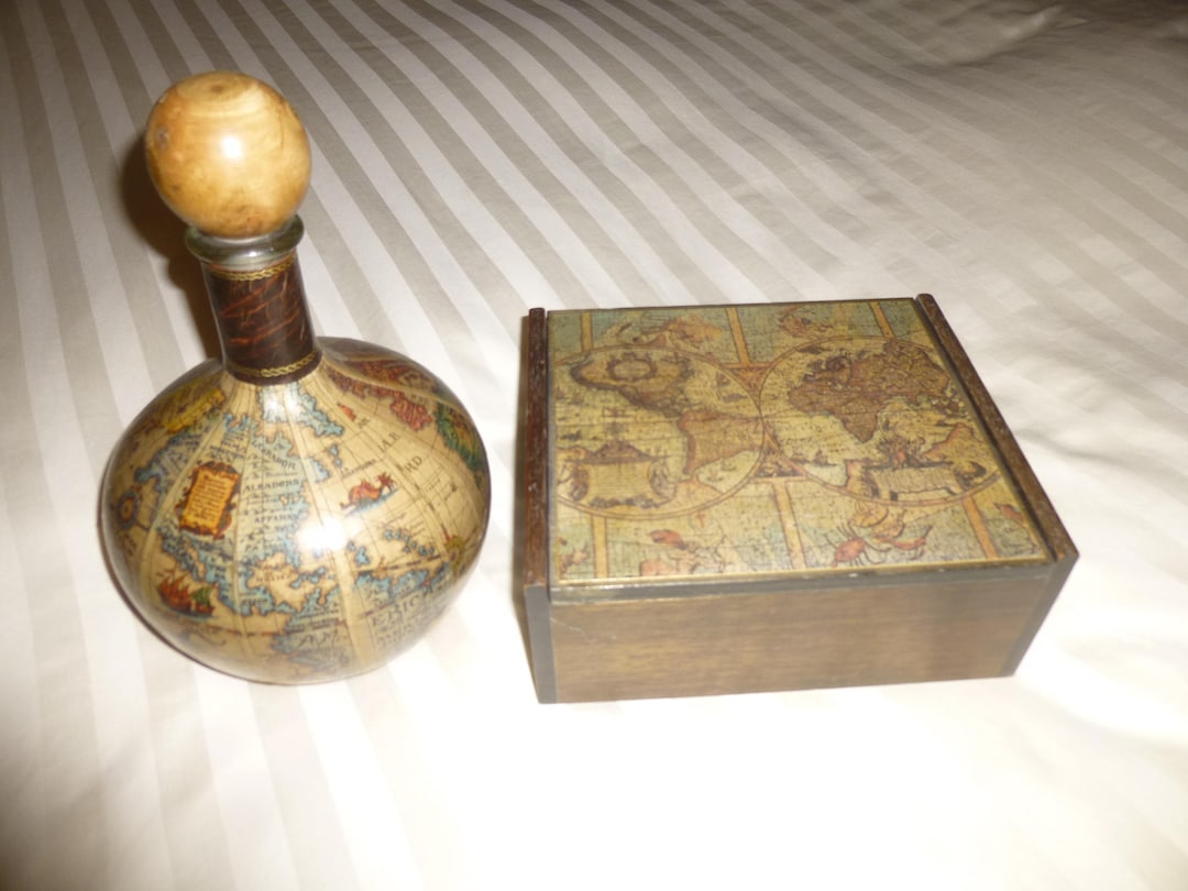 Antique Map Box and Bottle Set - Mid-mod Wood Box and Leather Covered ...