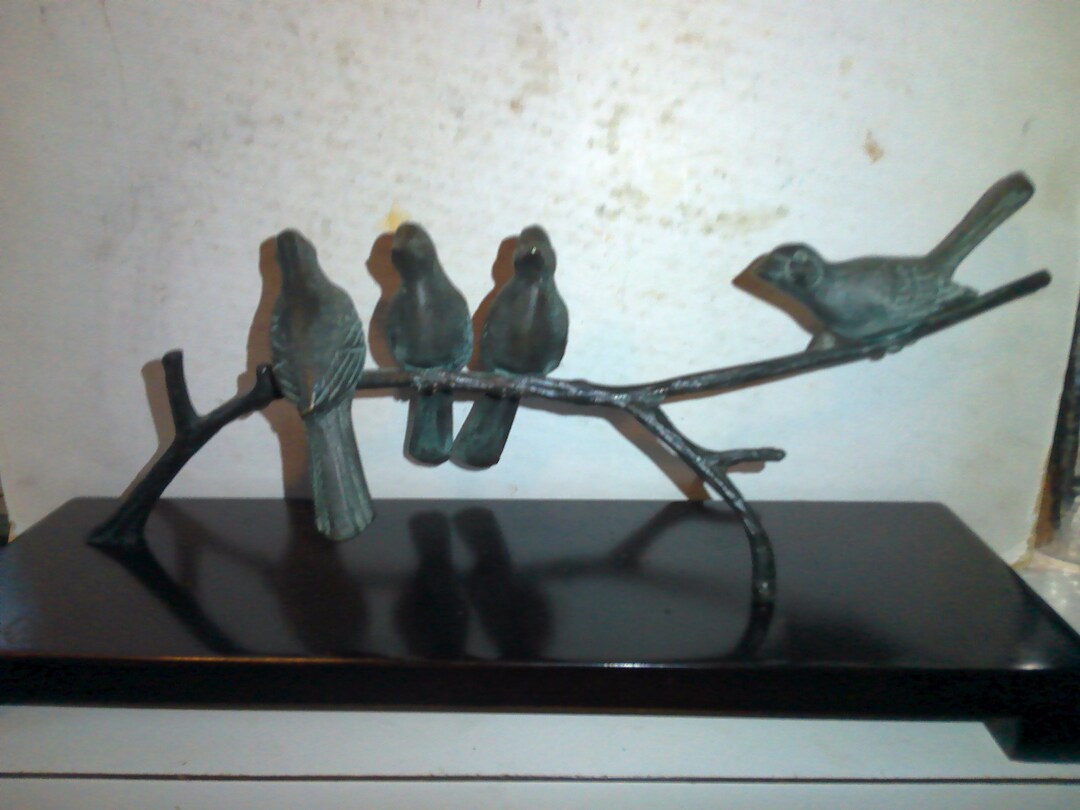 Bronze Tree Branch and 4 Birds Natural Decor - Cast Bronze on Wood Base ...
