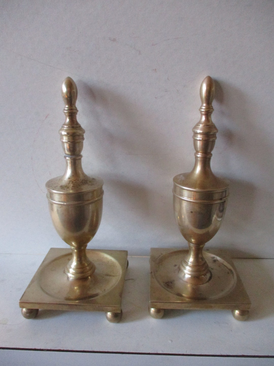 Brass Andiron Firedogs 10 High Finial Shaped Decor Pieces for Hearth ...