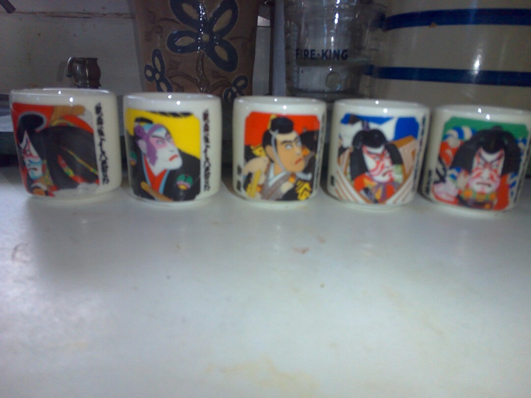 Samurai Ukiyo-e Kabuki Shot Glass Set - 5 Painted 1.5 Oz Forms W ...