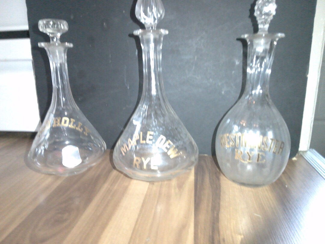 Bar Back Bottles Set of 3 Cut Glass Bottles With Stoppers and Gilt ...