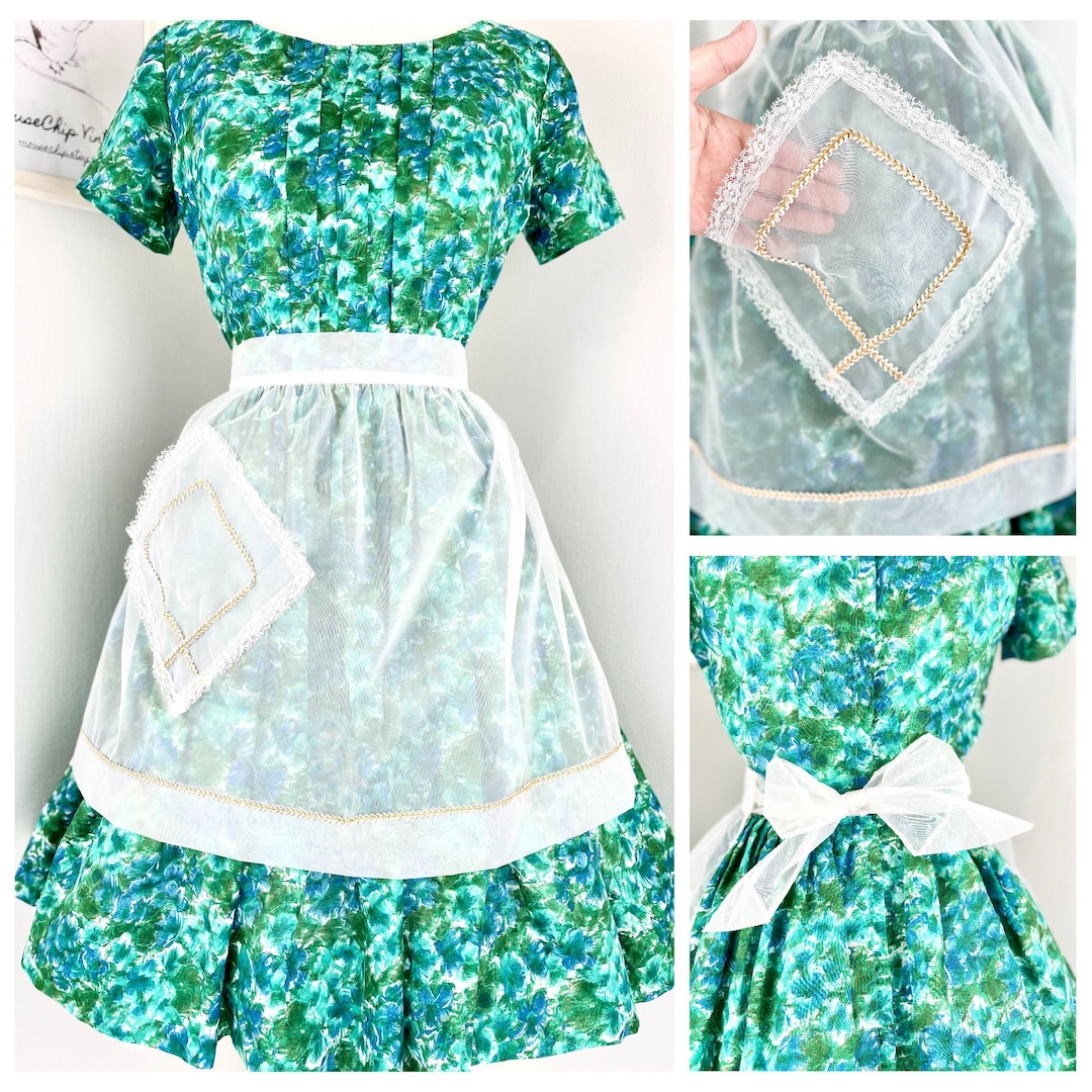 Vintage 1950s NOS Sheer Apron Lace and Gold Metallic Braid and Pocket W ...
