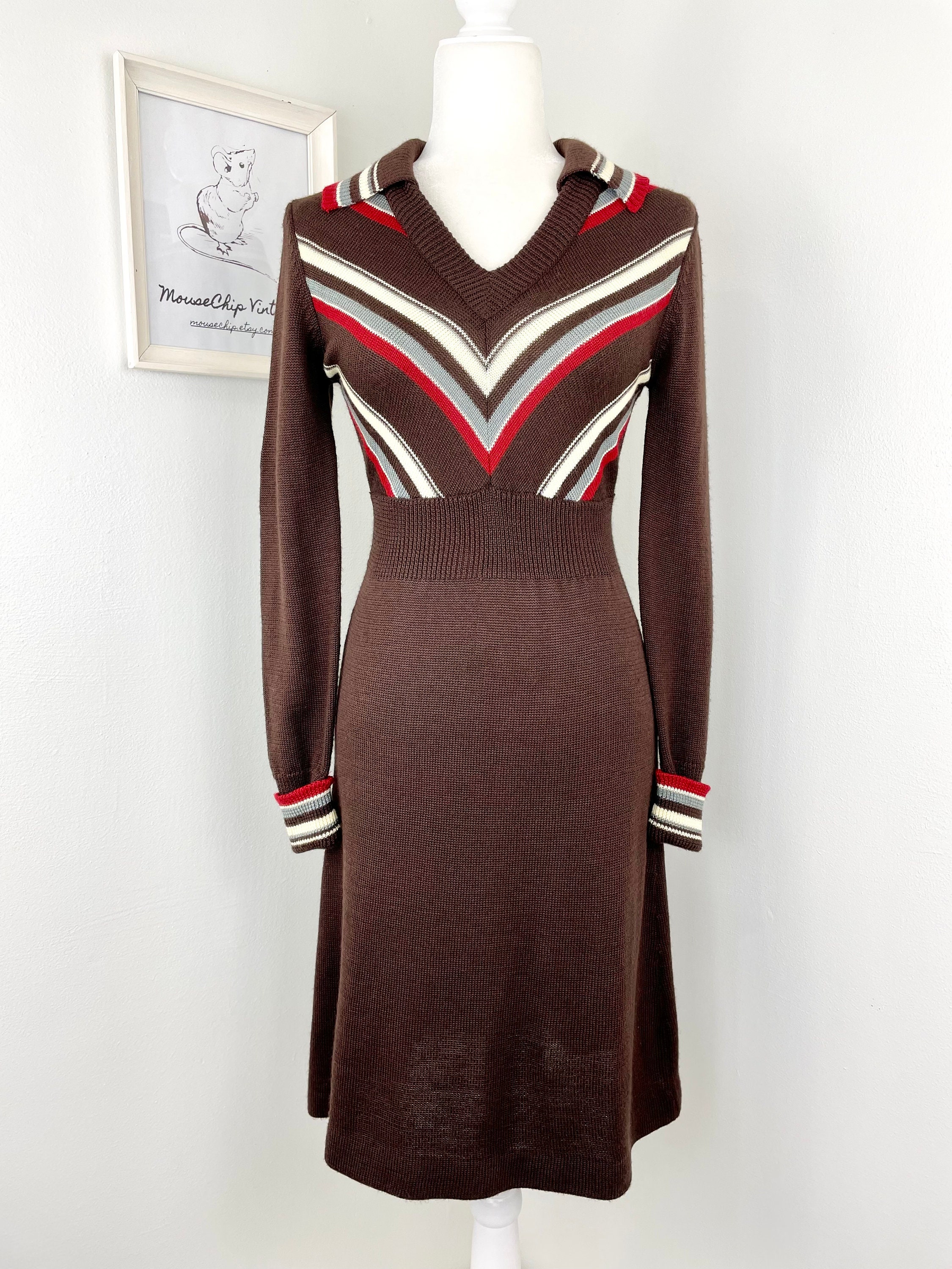 Vintage 1970s Ribbed Knit Wool Retro Striped Sweater Dress - Etsy