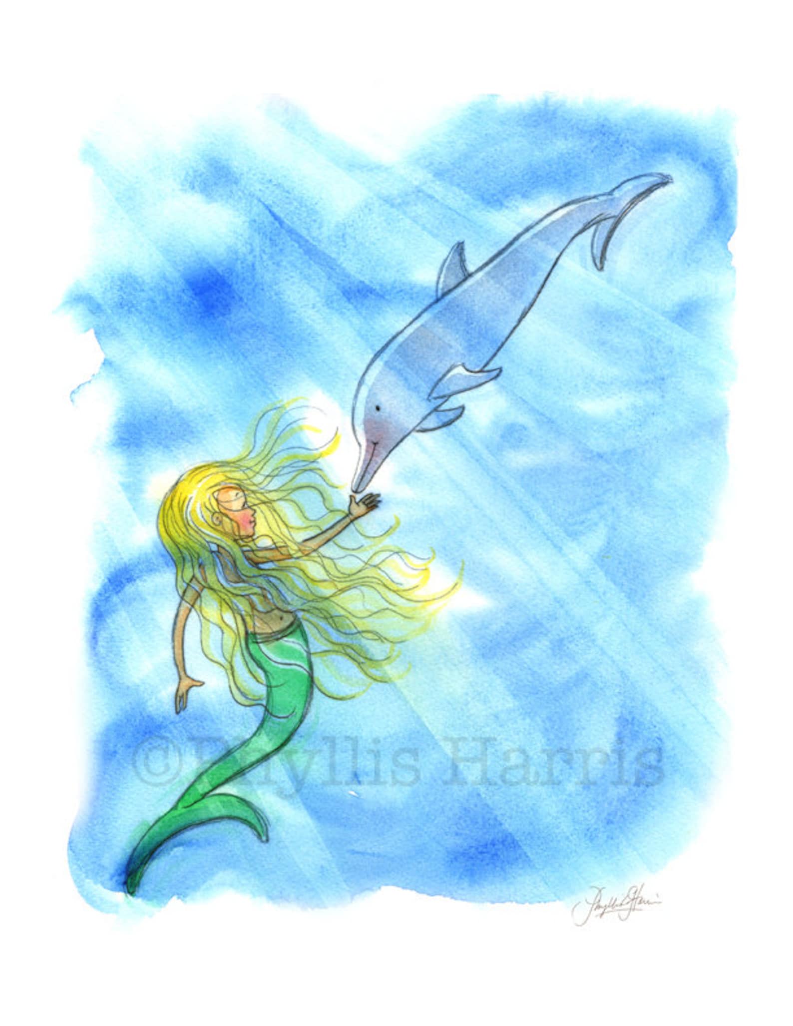 Children's Wall Art Print Mermaid and Dolphin Ocean - Etsy