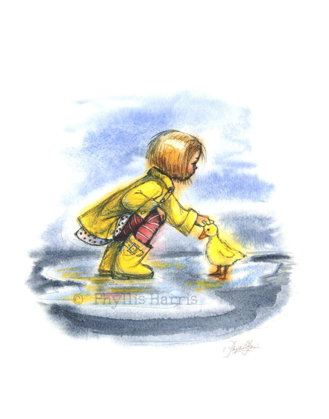 Spring Puddles and Duckling With Little Girl - Wall Art- Watercolor ...