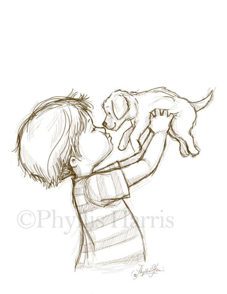 Sketch Illustration of a Puppy and Little Boy or Little Girl - Etsy