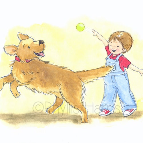 Children's Wall Art Print Playing Fetch Golden - Etsy
