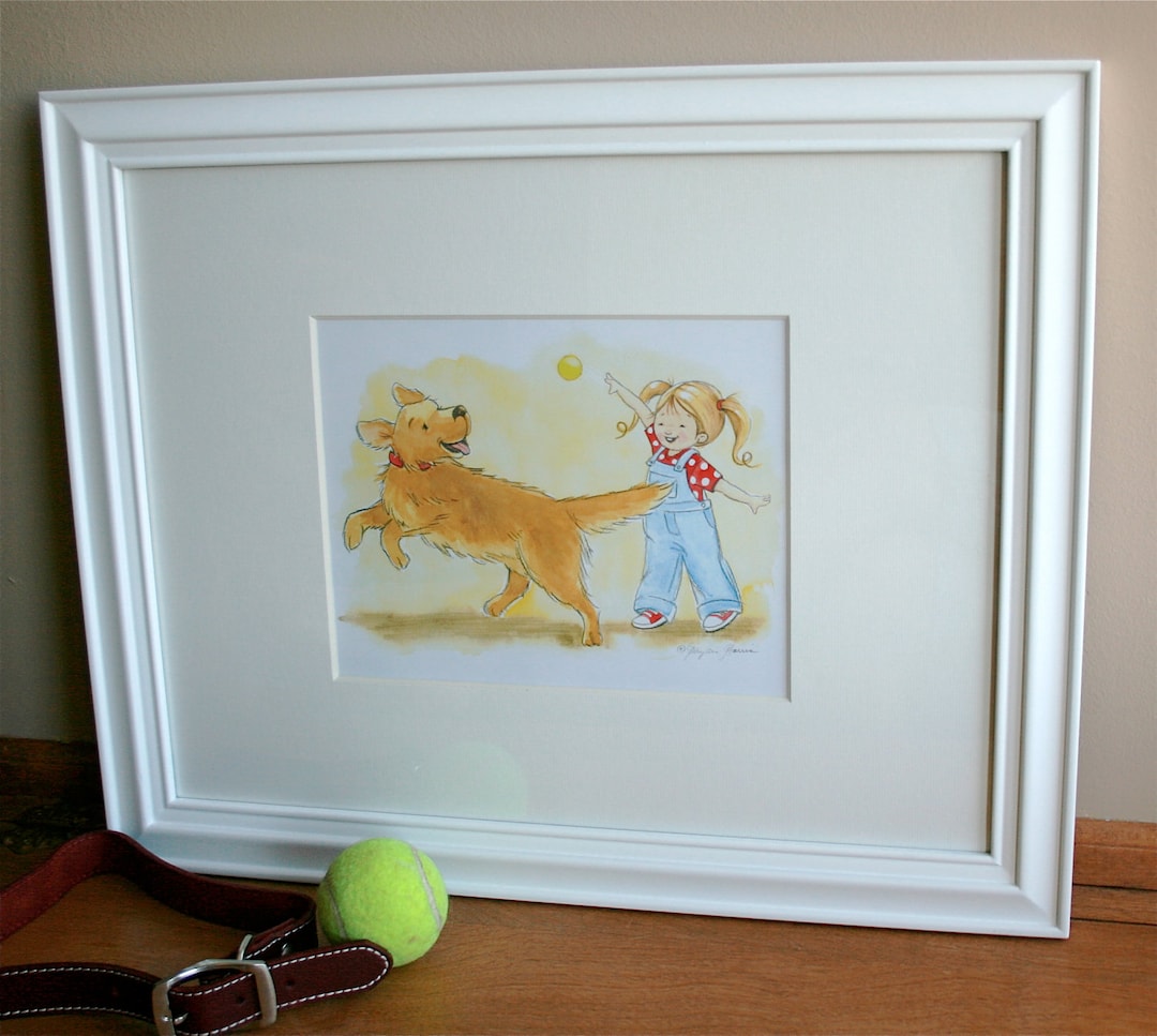 Children's Wall Art Print - Playing Fetch - Golden Retriever and Little ...