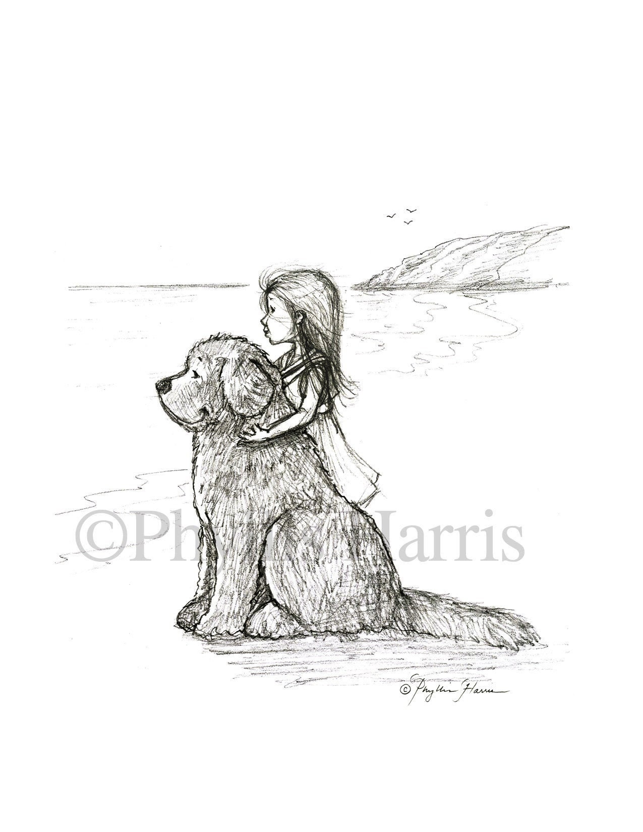 Little Girl and Her Beloved Newfoundland Dog at the Beach - Sketch Art ...