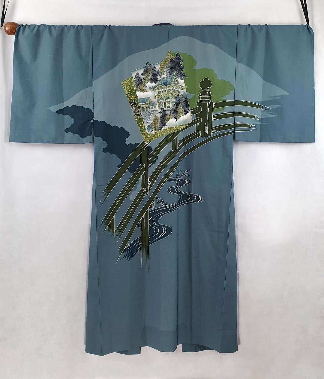 Cornflower Blue Jinken 1970's Vintage Zen Temple Scene Mens Japanese ...