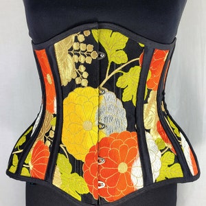 26 Inch Black Obi Silk Fabric Underbust Corset With Chrysanthemum & Ivy ...
