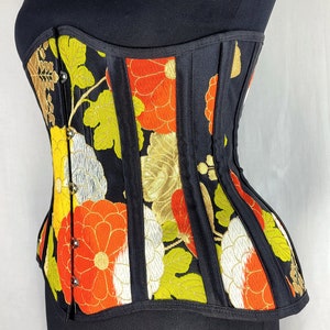 26 Inch Black Obi Silk Fabric Underbust Corset With Chrysanthemum & Ivy ...
