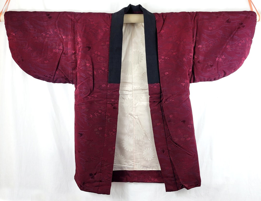 Maroon Red Silk 1960's Vintage Corded Jacquard Waves & Cherry Blossom ...