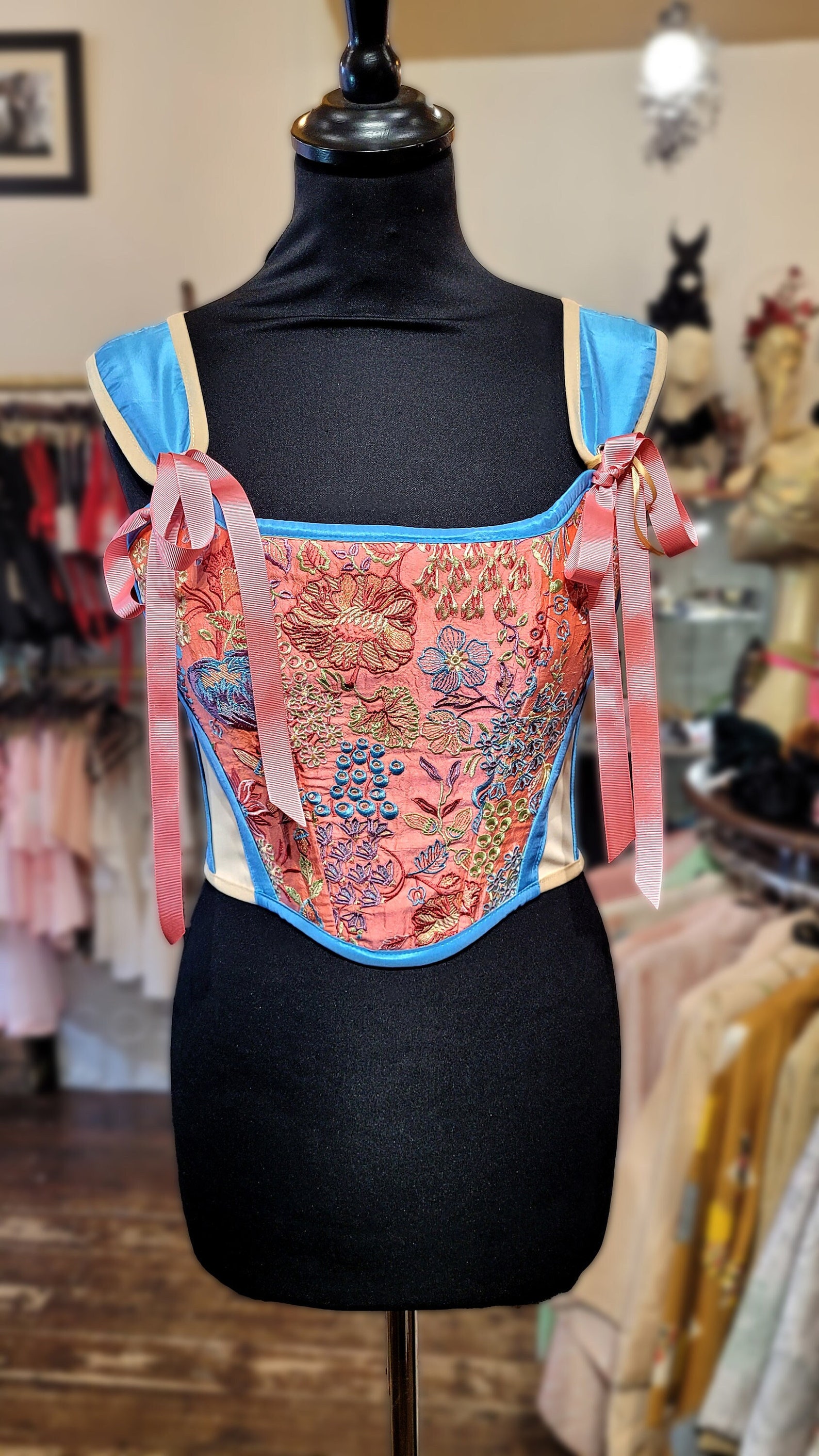 Wedgewood Blue Silk Fabric Steel Boned Bustier With Embroidered Flowers ...