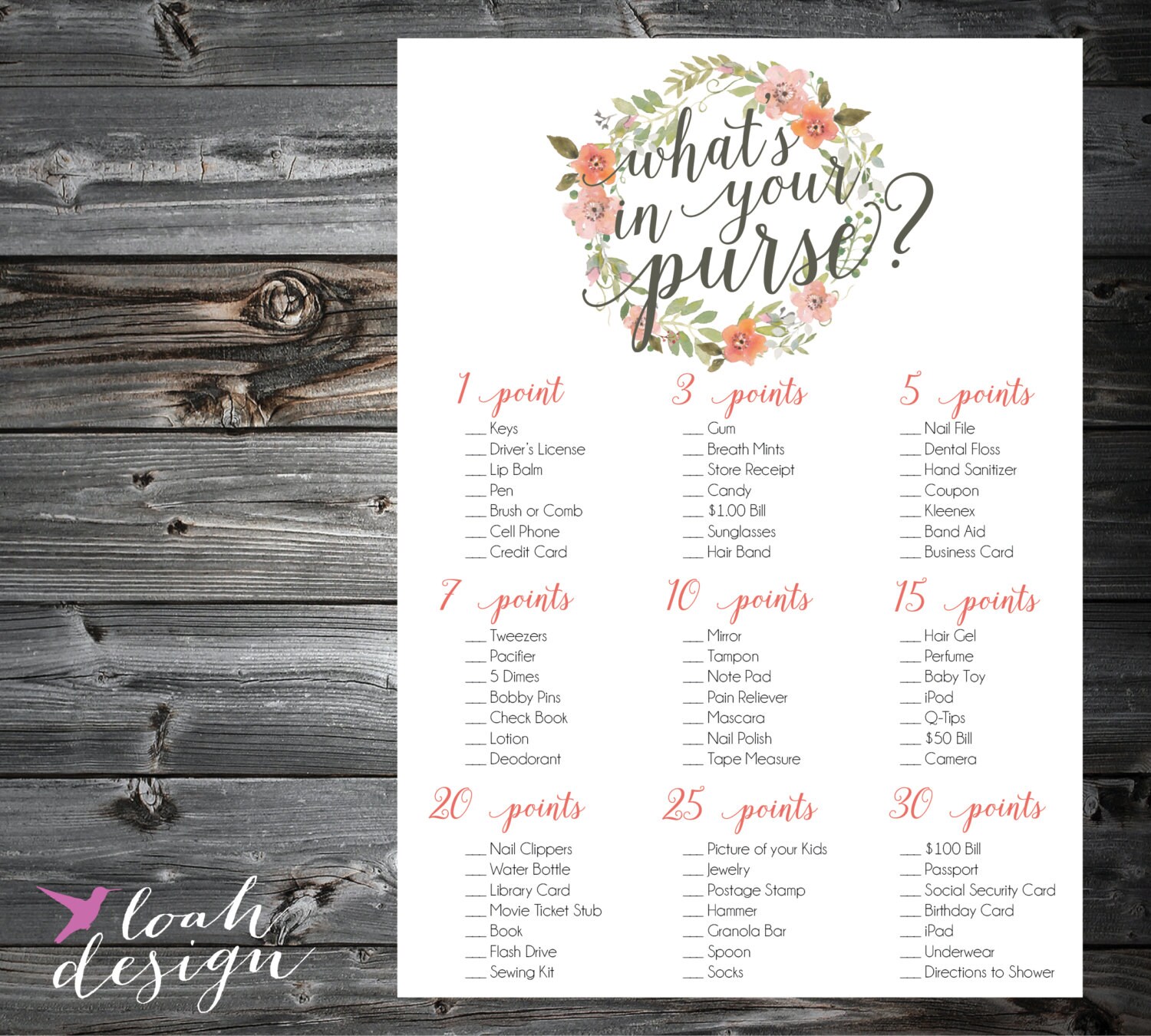 What's in Your Purse Game, in Your Purse Game, Bridal Shower Game, Baby ...