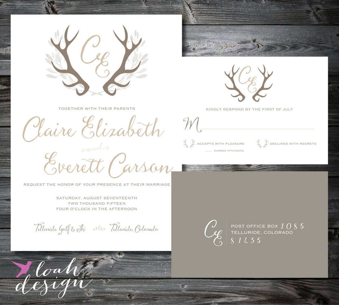 Rustic Antler Wedding Invitation Suite: Mountain Boho Design (printable ...