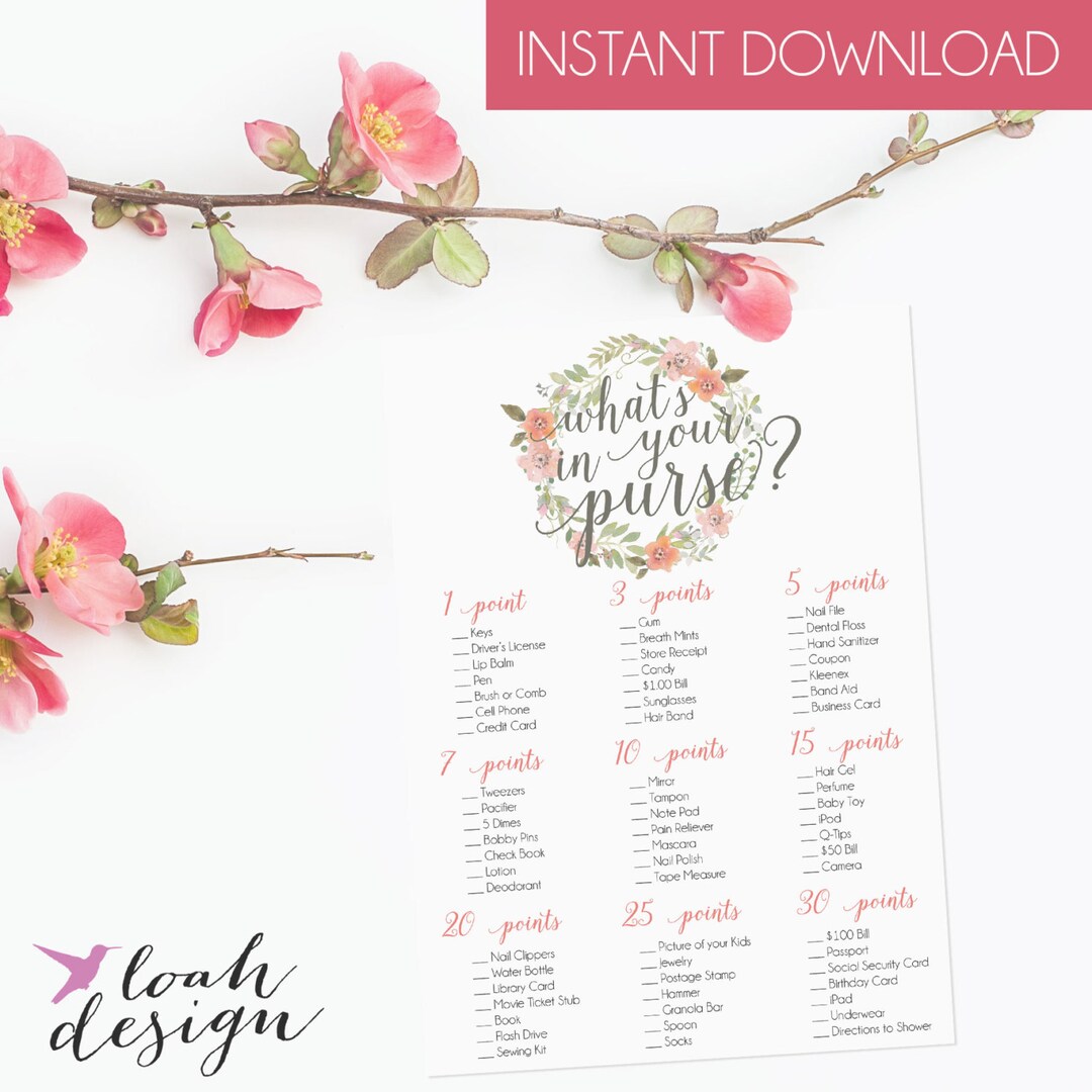 What's in Your Purse Game, in Your Purse Game, Bridal Shower Game, Baby ...