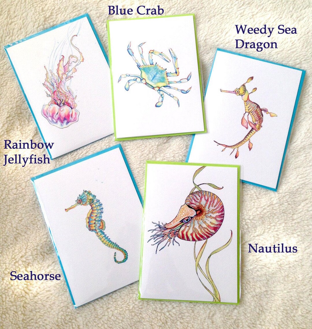 Sea Life Watercolor Cards Set of 5 - Etsy