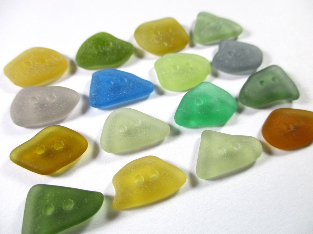 GENUINE SEA GLASS Buttons 14mm Blue Green Grey Golden Yellow Honey 16 ...
