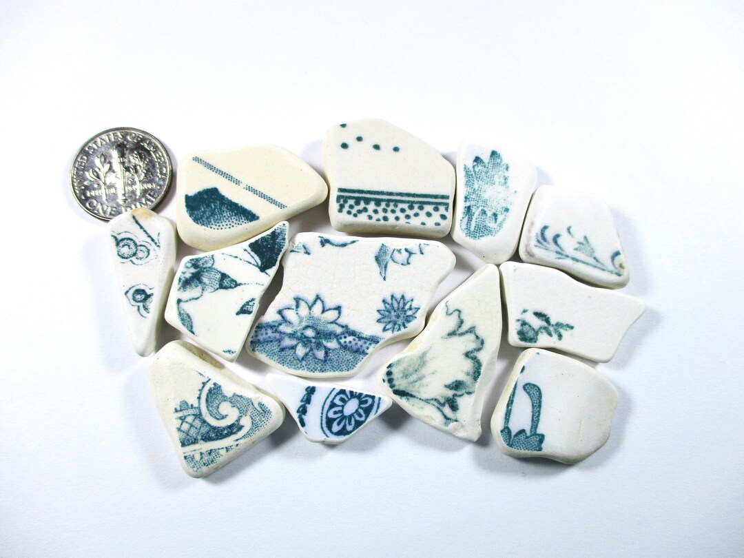SEA POTTERY SHARDS 12 Teal Green Patterns Real Surf Tumbled Natural ...