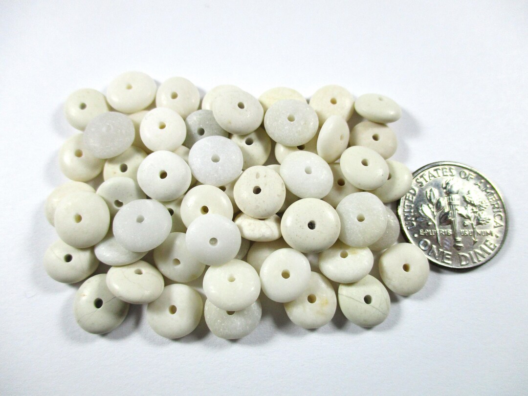 BEACH STONE BEADS 8mm Flawless 55 Small Flat Center Drilled White Real ...