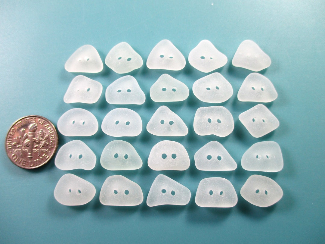 GENUINE SEA GLASS 13mm Buttons 25 Flawless Two Hole White Clear Real ...