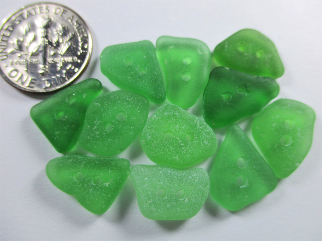 GENUINE SEA GLASS Buttons 14mm Kelly Green 11 Flawless Real Surf ...