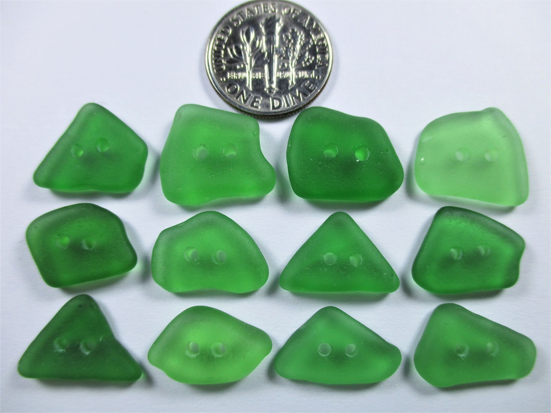 GENUINE SEA GLASS Buttons 15mm Green 12 Real Surf Tumbled Natural Beach ...