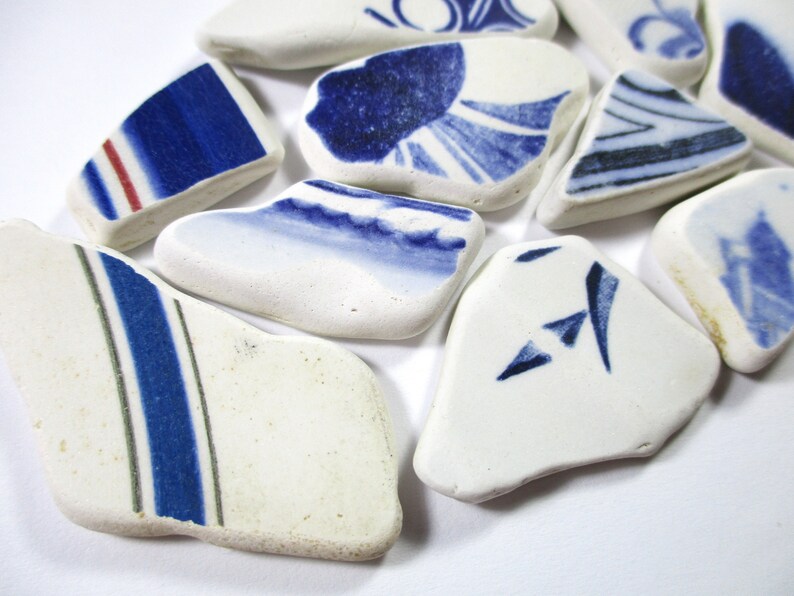 SEA POTTERY SHARDS 10 Big Blue Patterns Real Surf Tumbled Natural ...