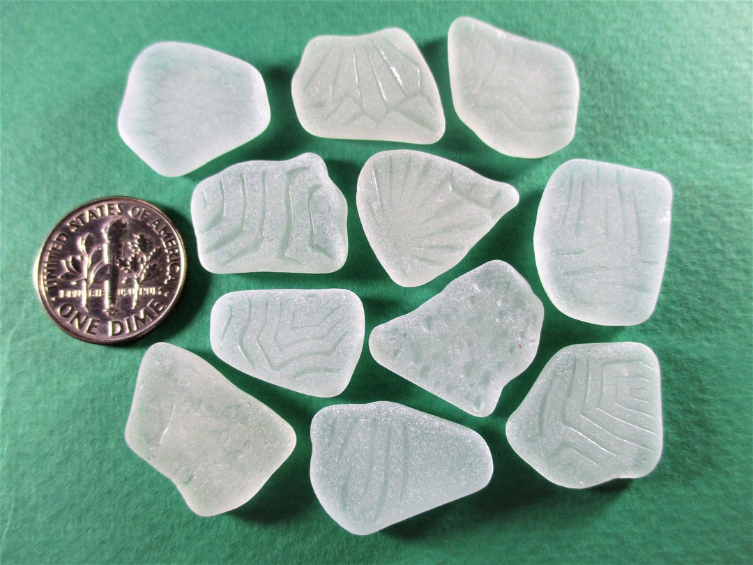 GENUINE SEA GLASS Textured Patterns 11 White Clear Real Surf Tumbled ...