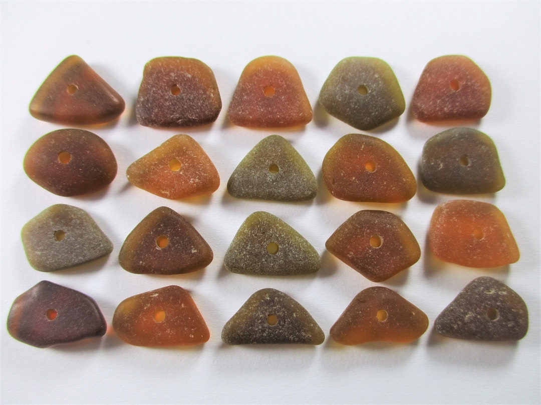 GENUINE SEA GLASS 14mm Beads 20 Flawless Brown Amber Center Drilled ...