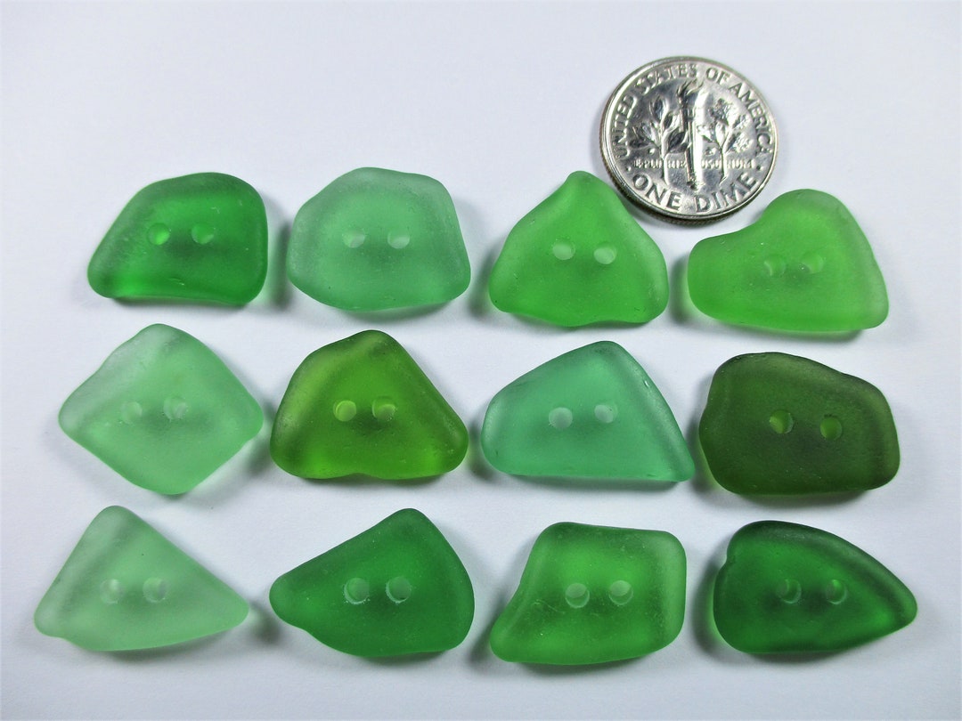 GENUINE SEA GLASS Buttons 18mm Green 12 Real Surf Tumbled Natural Beach ...