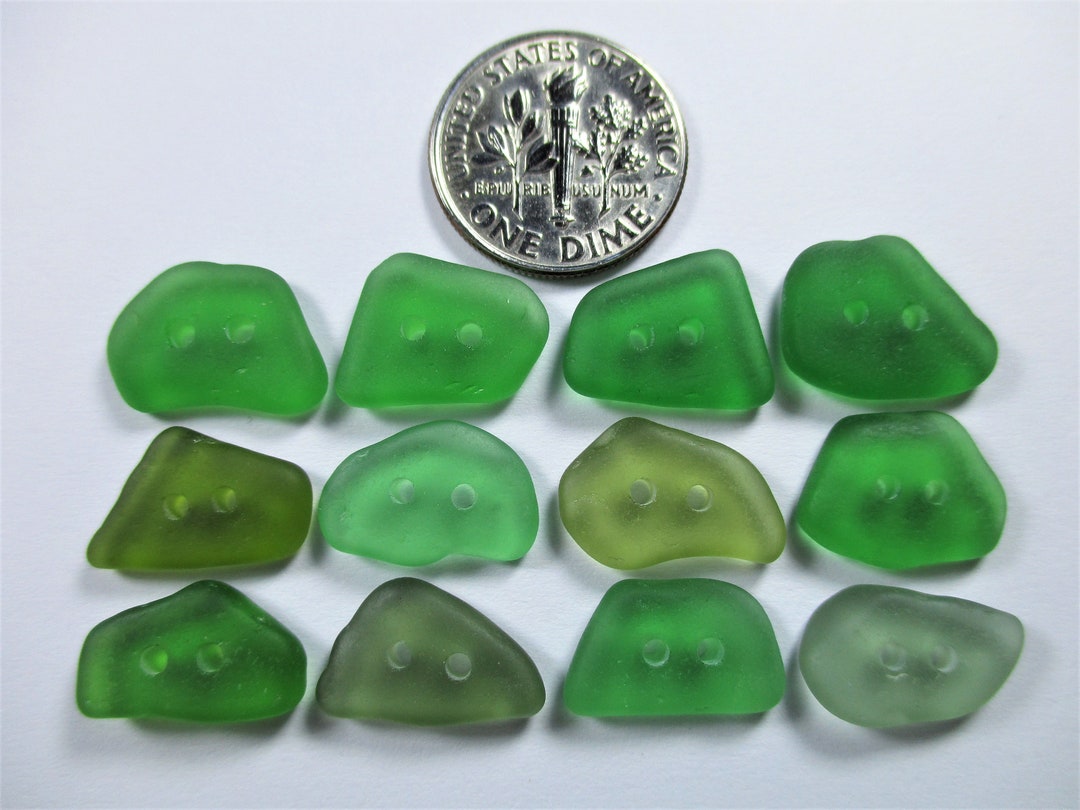 GENUINE SEA GLASS Buttons 14mm Green 12 Real Surf Tumbled Natural Beach ...