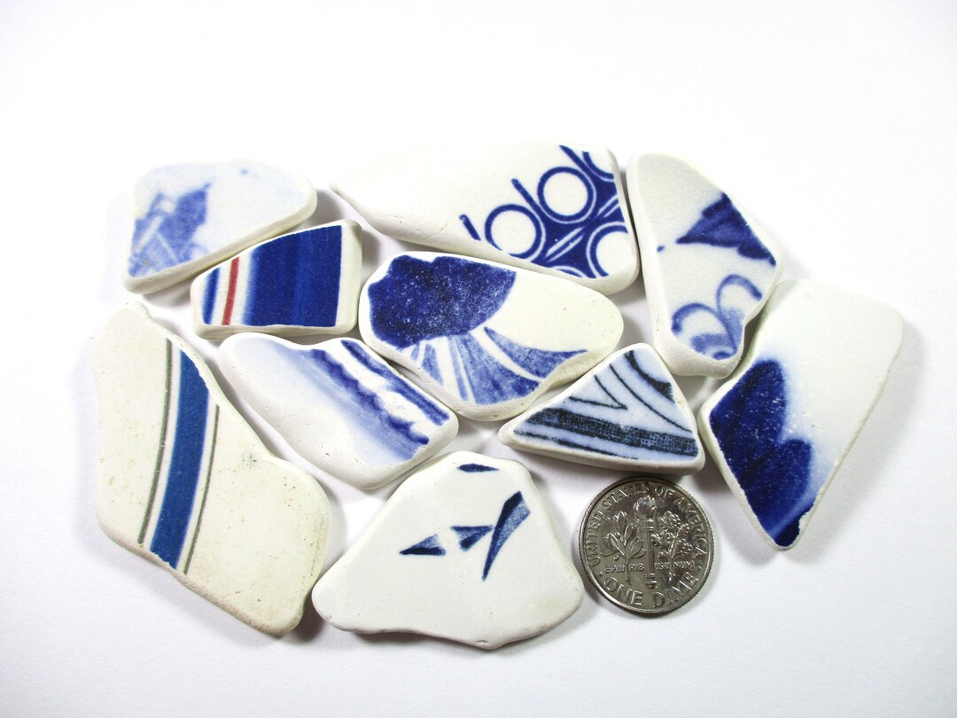 SEA POTTERY SHARDS 10 Big Blue Patterns Real Surf Tumbled Natural ...