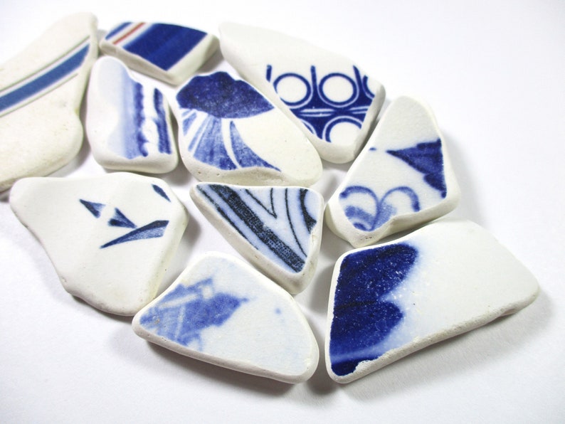SEA POTTERY SHARDS 10 Big Blue Patterns Real Surf Tumbled Natural ...