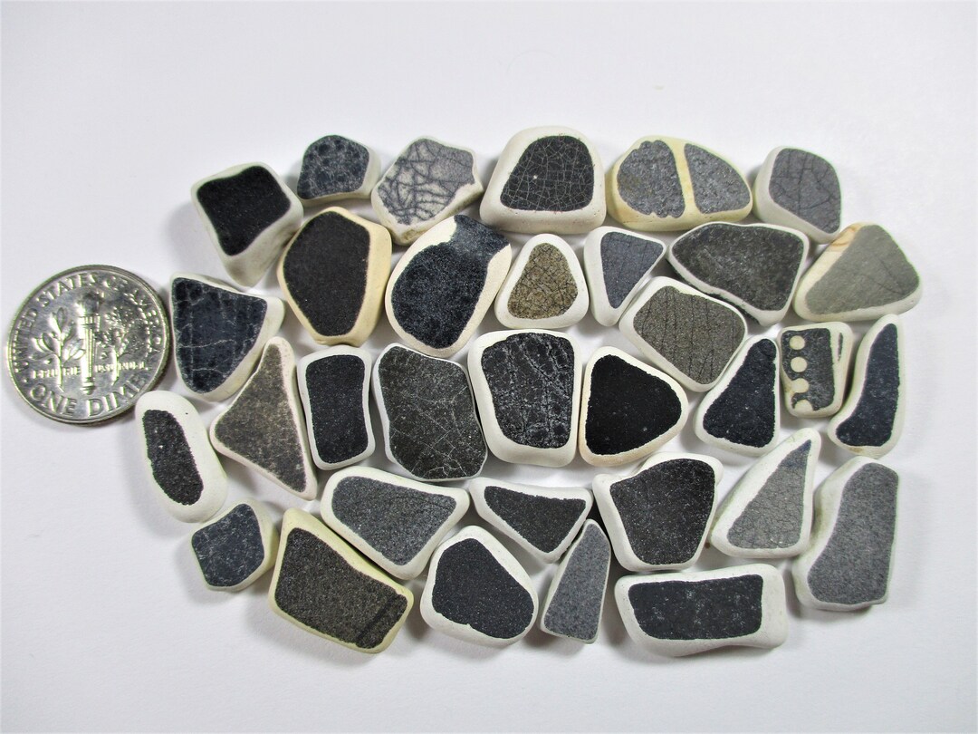 BEACH SEA POTTERY Shards 33 Black Dark Grey Two Sided Real Surf Tumbled ...