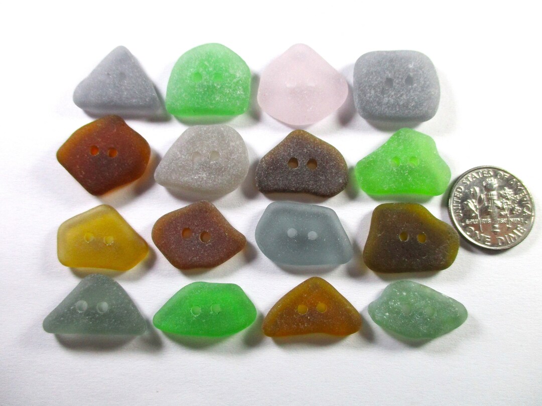 GENUINE SEA GLASS Buttons 19mm Green Grey Brown Honey Amber 16 Real ...