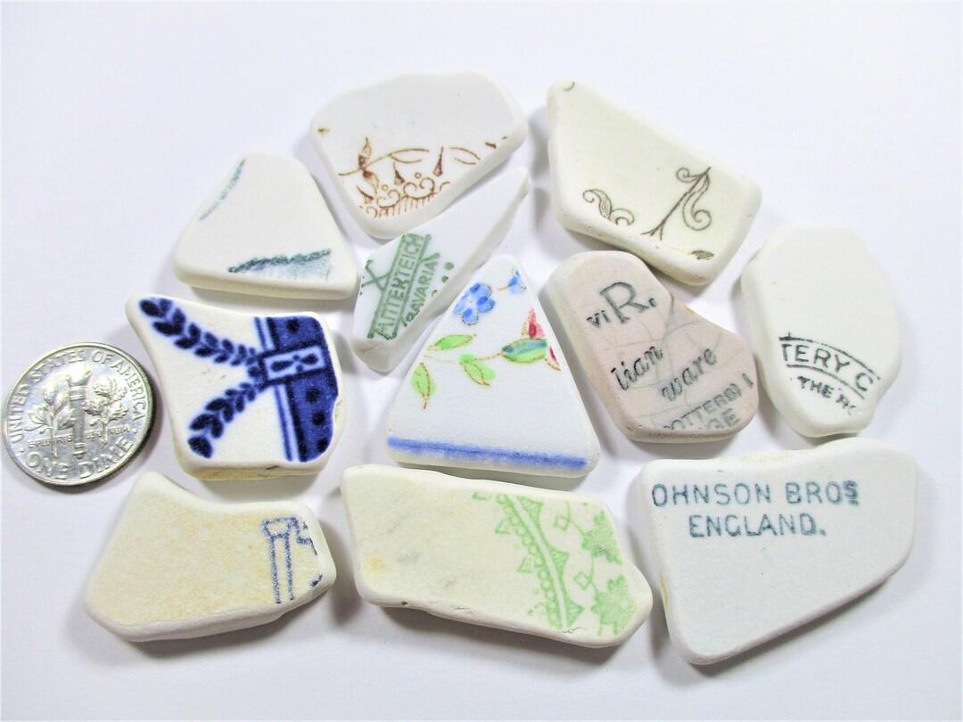 BEACH SEA POTTERY Shards 11 Blue Green Black Teal Brown Writing ...