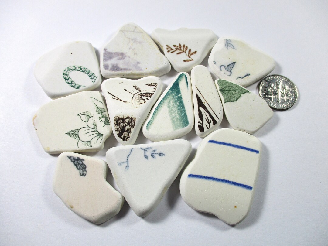 SEA POTTERY SHARDS 12 Blue Green Black Brown Real Patterns Surf Tumbled ...