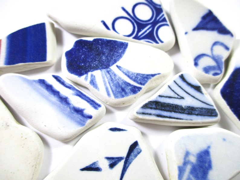 SEA POTTERY SHARDS 10 Big Blue Patterns Real Surf Tumbled Natural ...