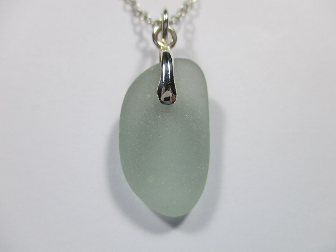 GENUINE SEA GLASS Necklace Sterling Silver Flawless Thick Seafoam Gem ...