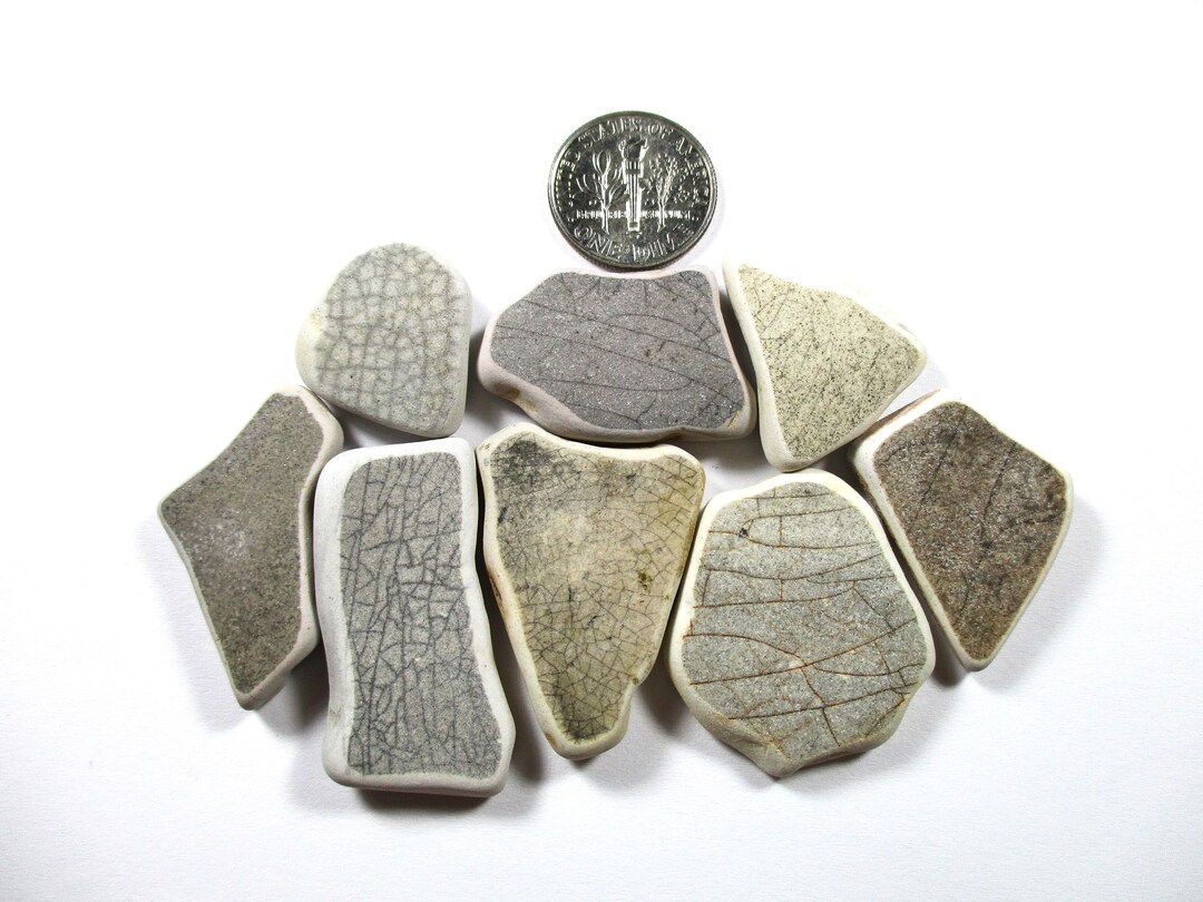 BEACH SEA POTTERY Shards 8 Grey Gray Crackle Real Surf Tumbled Natural ...