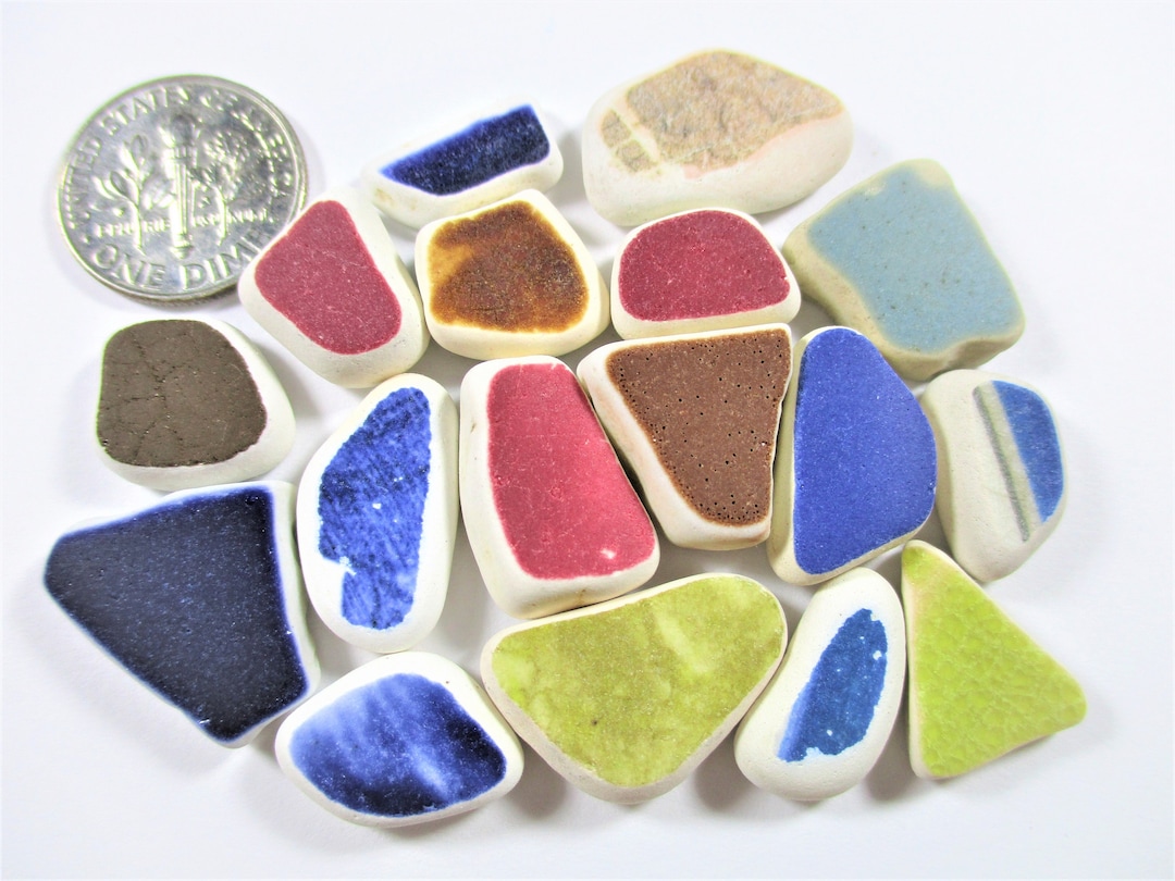BEACH SEA POTTERY Shards 17 Lime Green Red Blue Brown Real Surf Tumbled ...