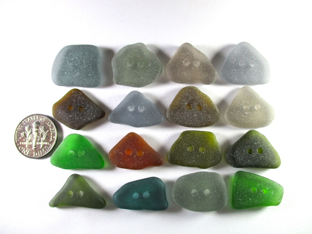 GENUINE SEA GLASS Buttons 21mm Teal Green Olive Grey Brown Amber 16 ...