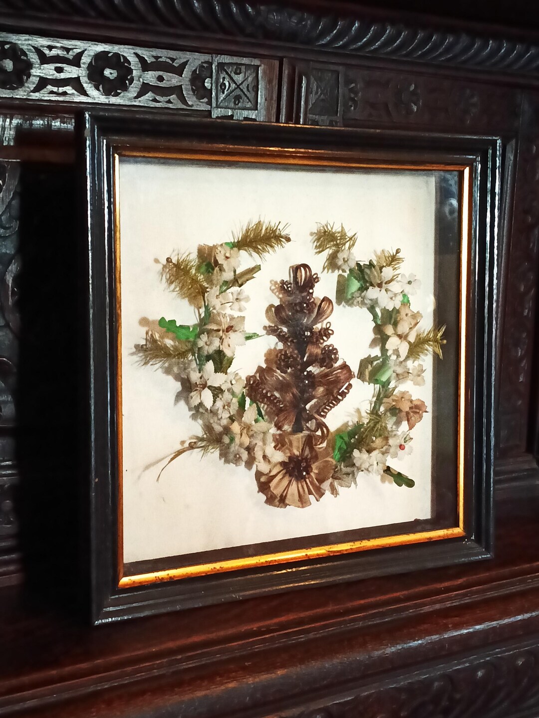 Large Framed Victorian Human Hair and Fabric Flower Wreath in Shadowbox ...