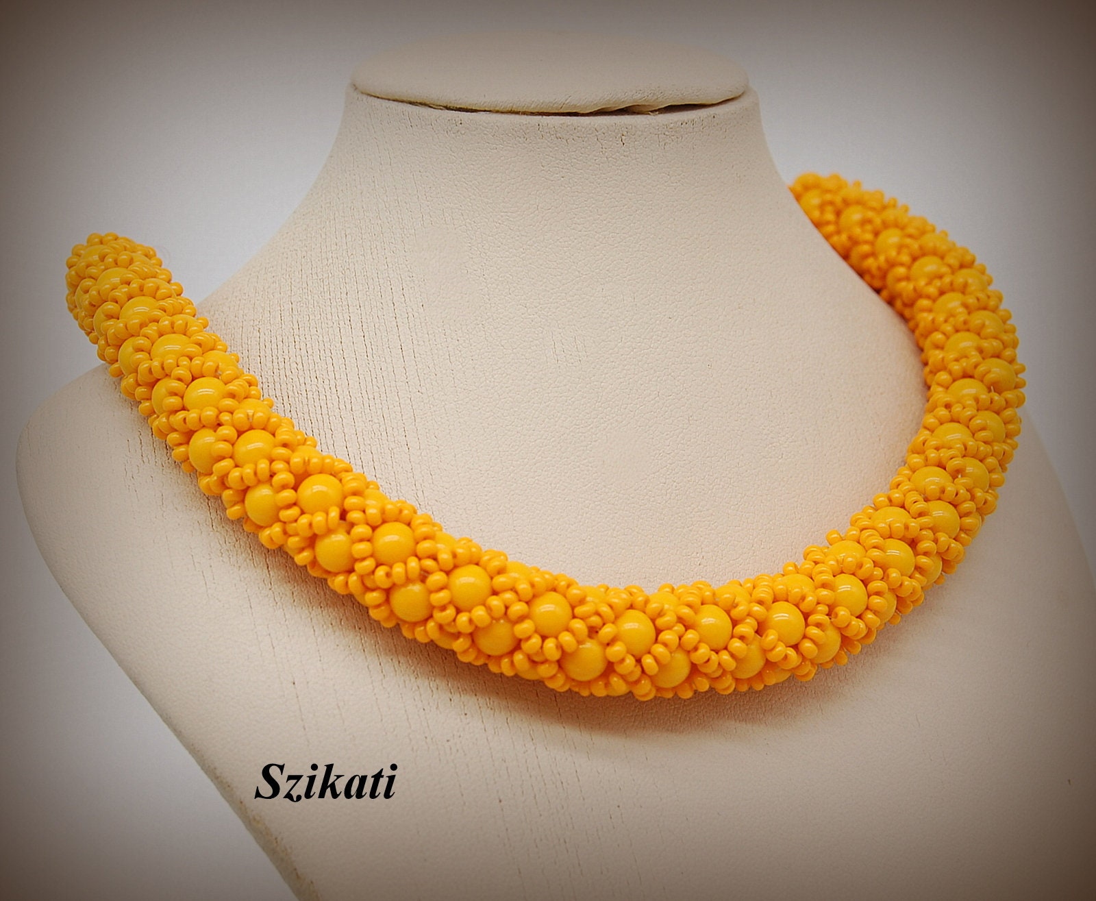 Yellow Beadwoven Necklace, Original Beadwork, Tubular Netting, Bead Art ...