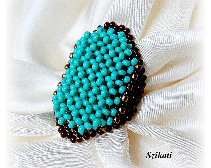 Beaded Turquoise & Brown Seed Bead Right Angle Weave Ring, OOAK - Etsy