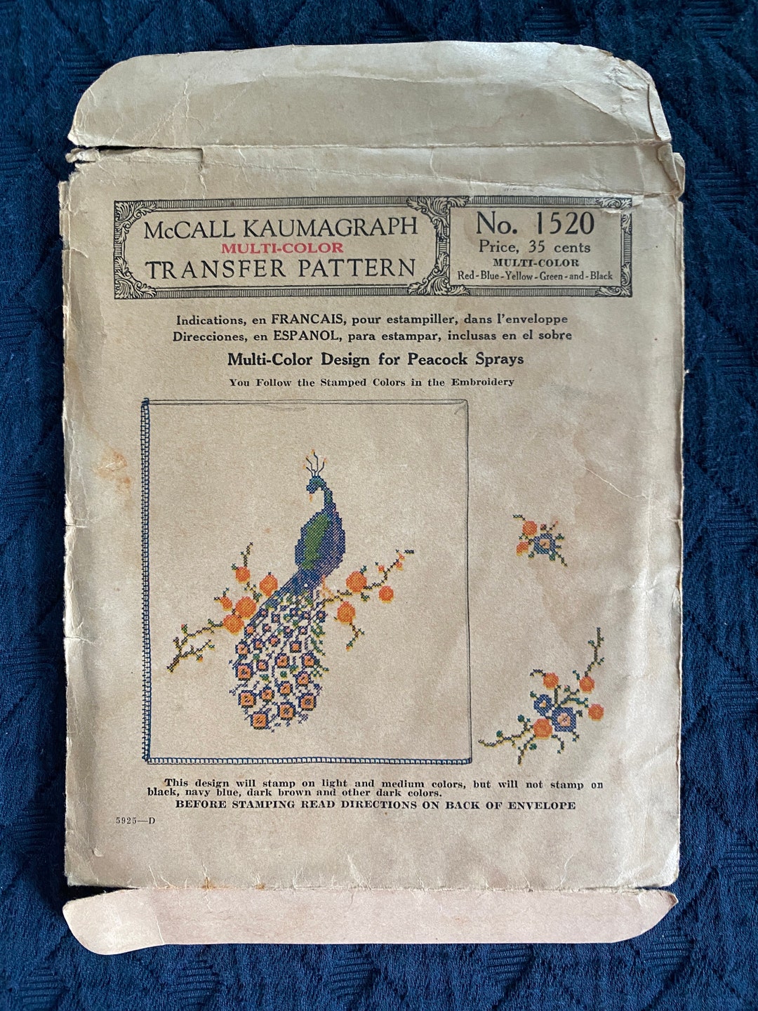 1920s Mccall’s Kaumagraph Multi-color Peacock Transfer Pattern # 1520 ...